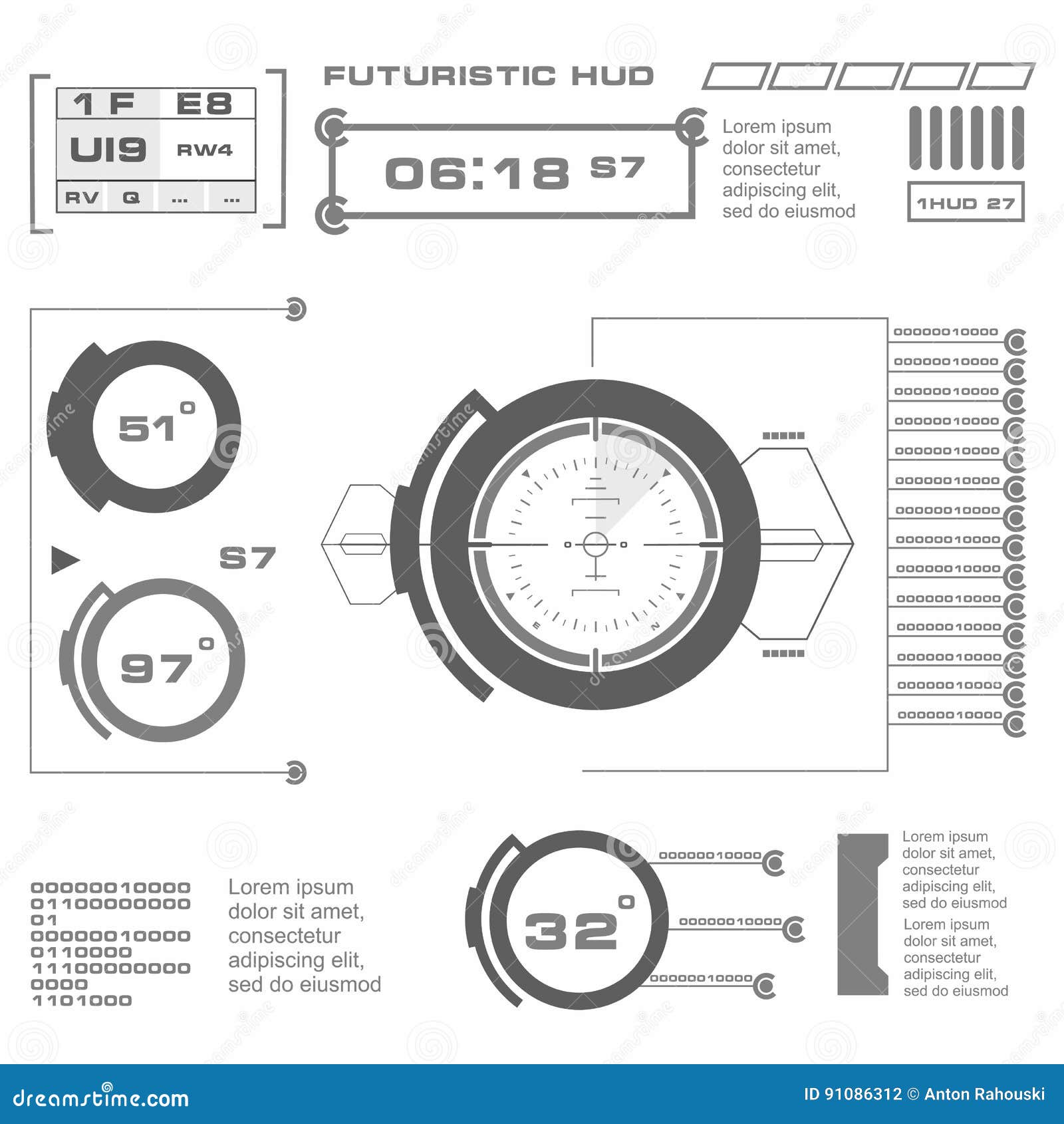 Futuristic Black and White HUD, Virtual Touch User Interface in Flat ...
