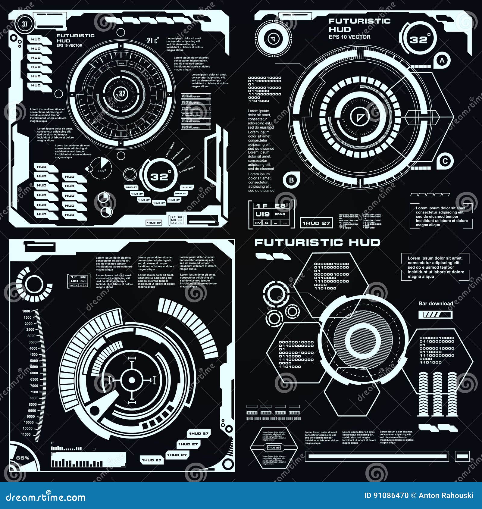 Futuristic Black and White HUD, Virtual Touch User Interface in Flat ...