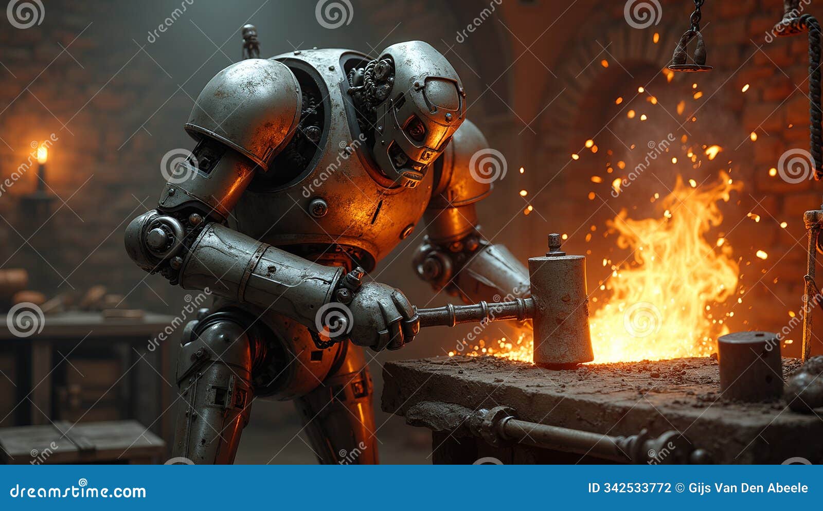 Futuristic Blacksmith Robot Forging Metal in Medieval Workshop Stock Illustration - Illustration ...