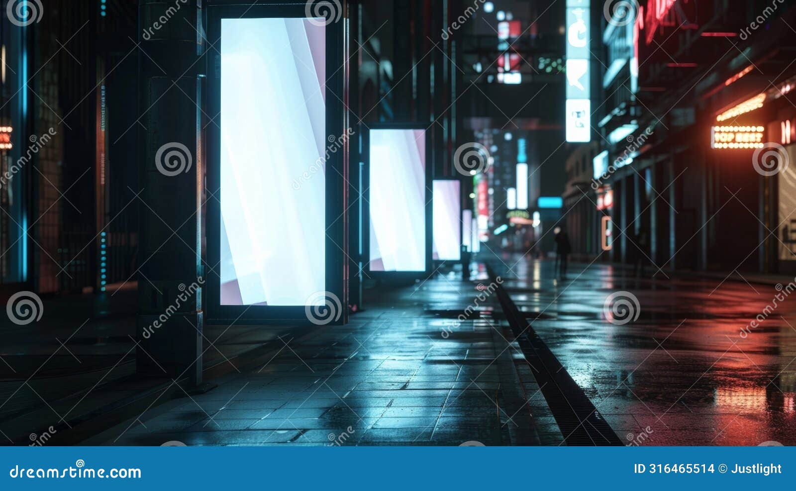 Futuristic Blank Mockup of Holographic Light Post Banners in a Hightech ...