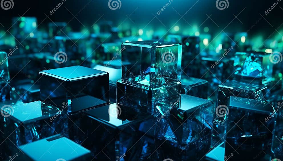 Futuristic Blue Abstract Backdrop with Glowing Computer Network Cube ...