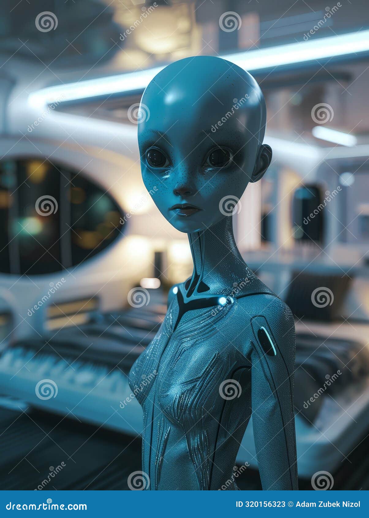Futuristic Blue Android Robot in Sci-fi Setting Stock Illustration ...