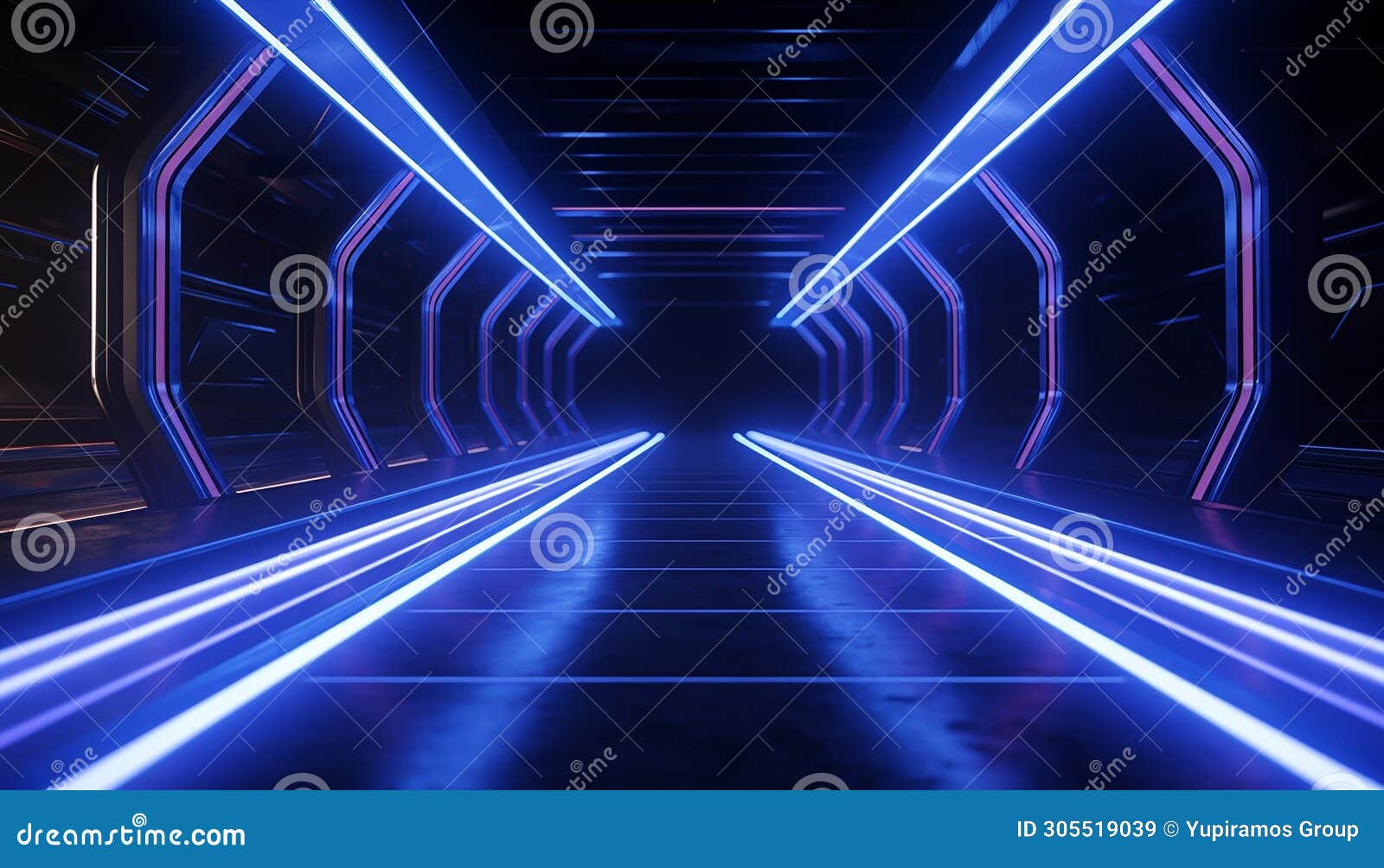 Futuristic Blue Corridor, Glowing Neon Lights, Speed through Dark ...