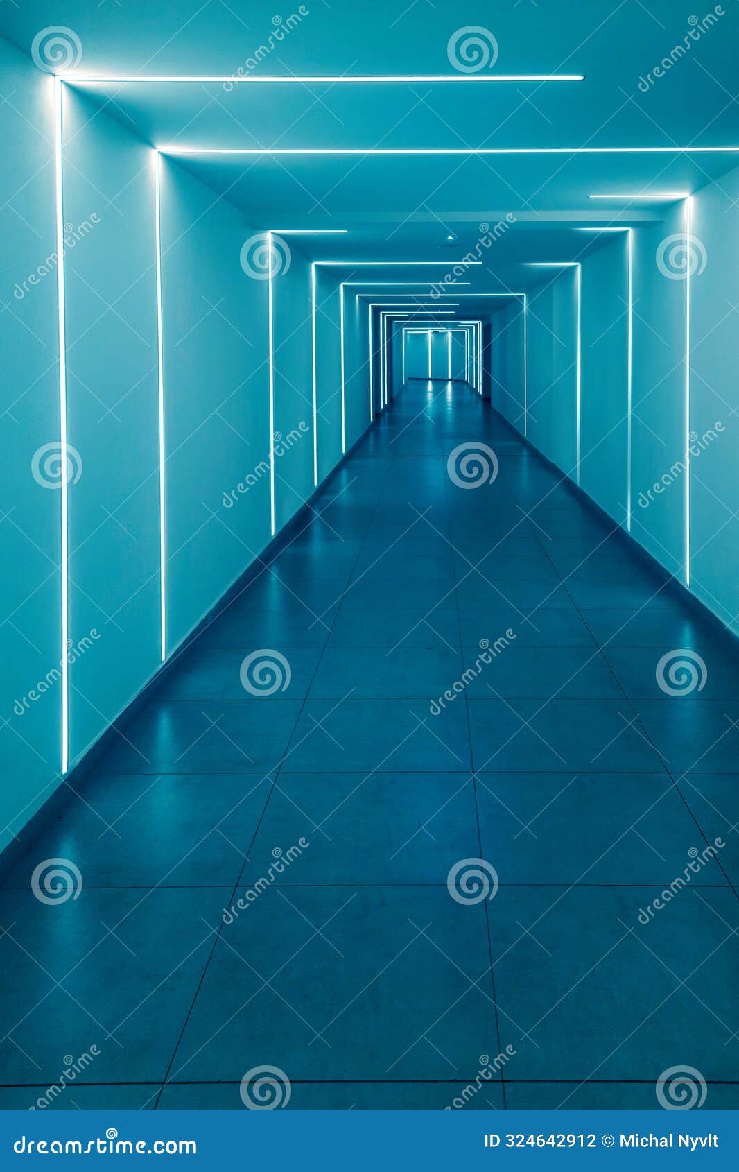 Futuristic Blue Corridor with Neon Lights Stock Photo - Image of lines ...