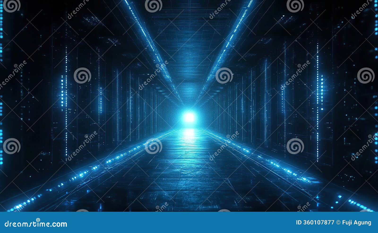 Futuristic Blue Data Center Corridor, Glowing Lights, Digital ...