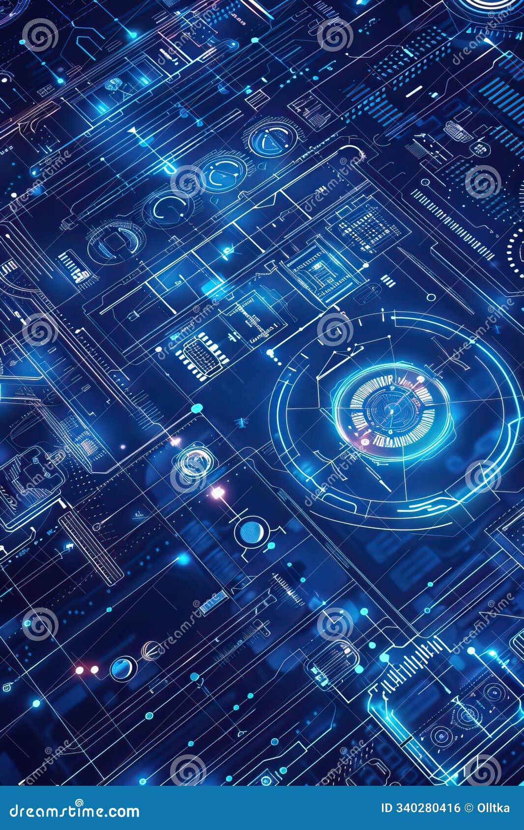 Futuristic Blue Digital Interface with HUD Elements and Technical ...