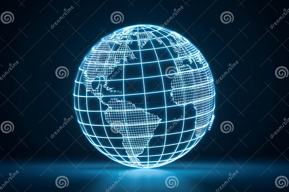 Futuristic Blue Globe with Grid Pattern, Glowing Against Dark ...