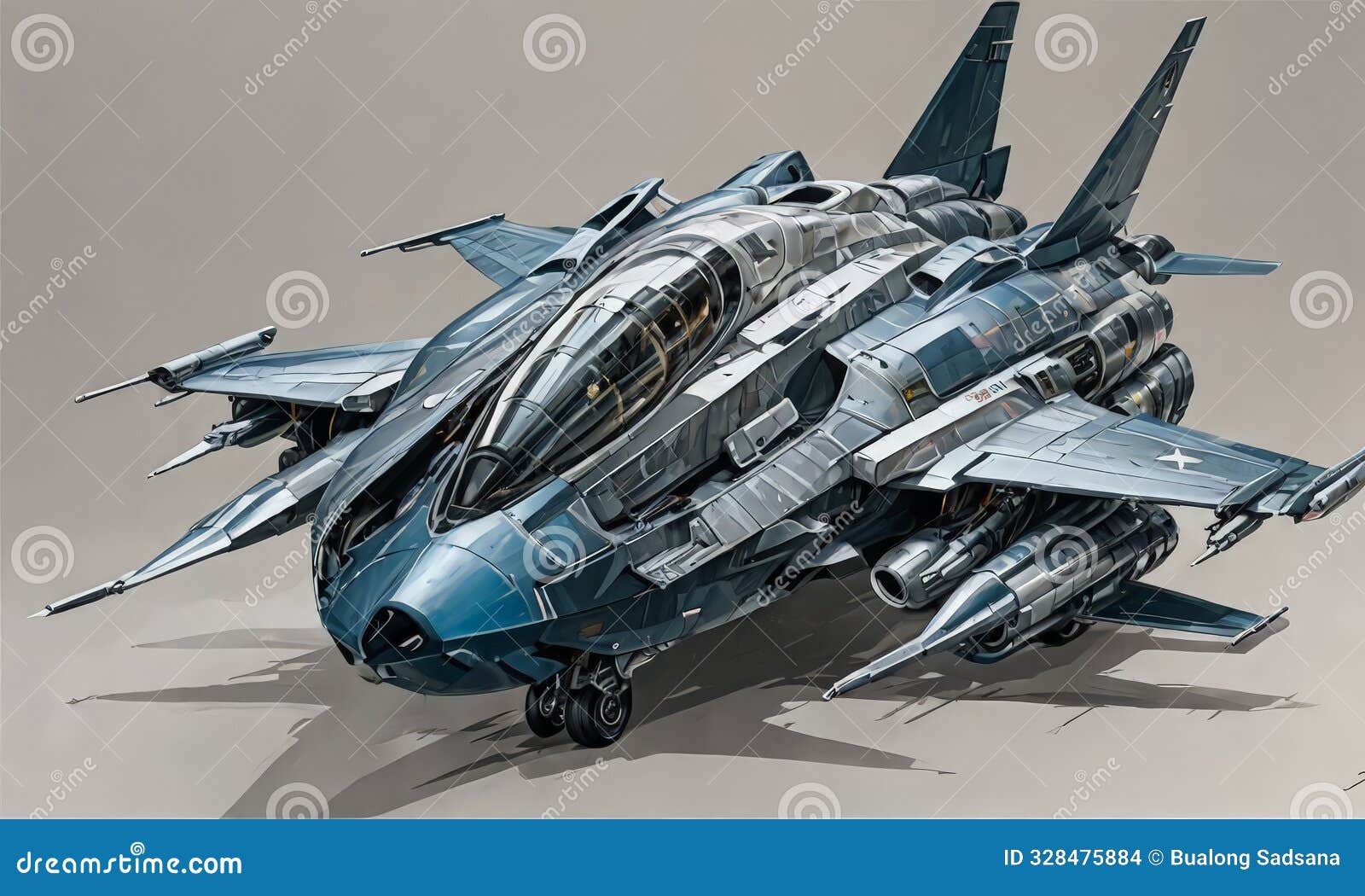 Futuristic Blue and Gray Fighter Jet with Multiple Engines and Wings is ...