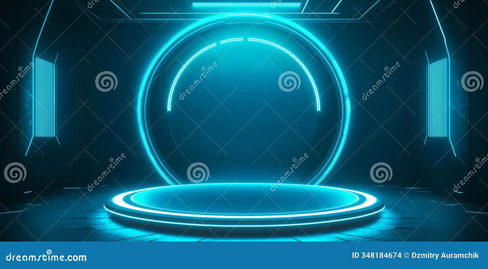 A Futuristic Blue Hi-tech Stage for a Product Showcase, with a Curved ...