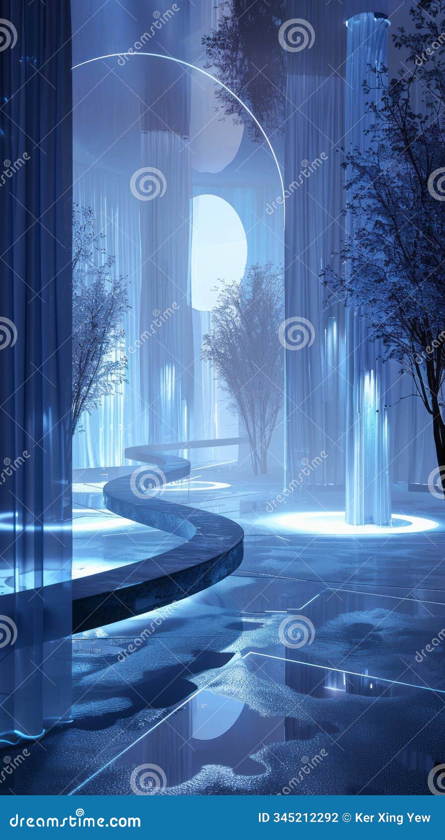 Futuristic Blue Interior with Curved Pathway Stock Illustration ...