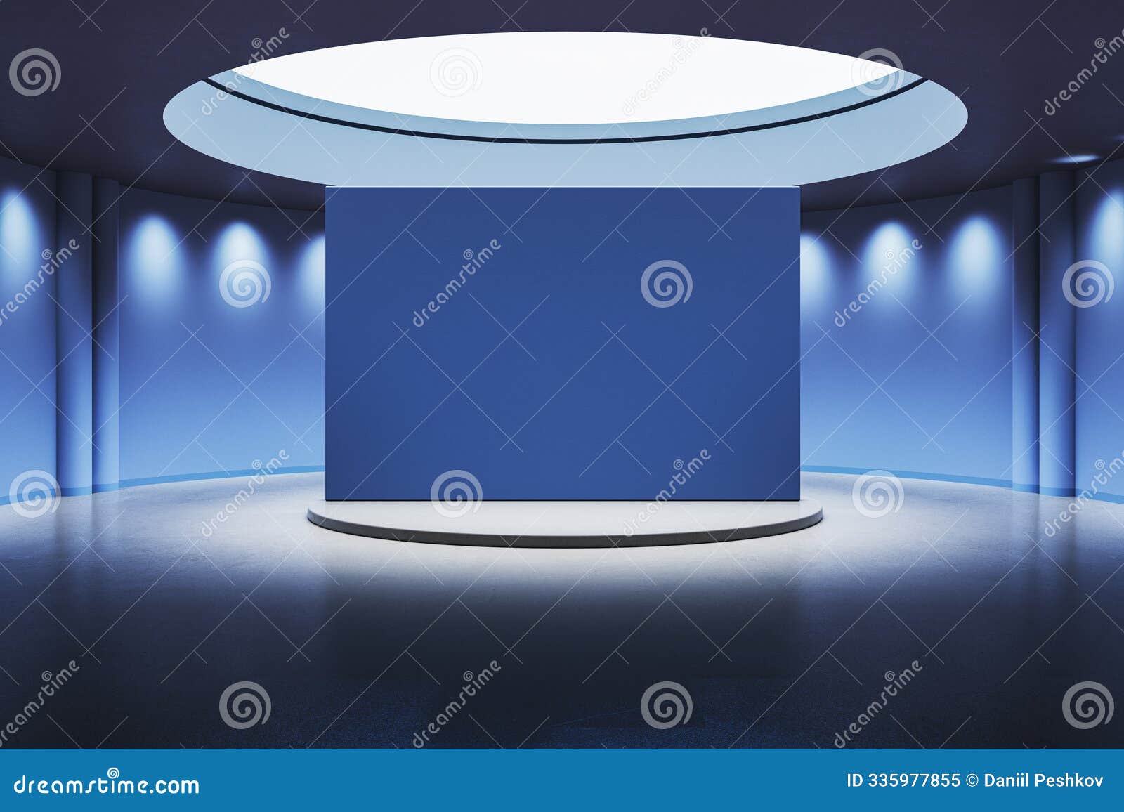 Futuristic Blue Interior with Round Pedestal and Empty Mock Up Banner ...