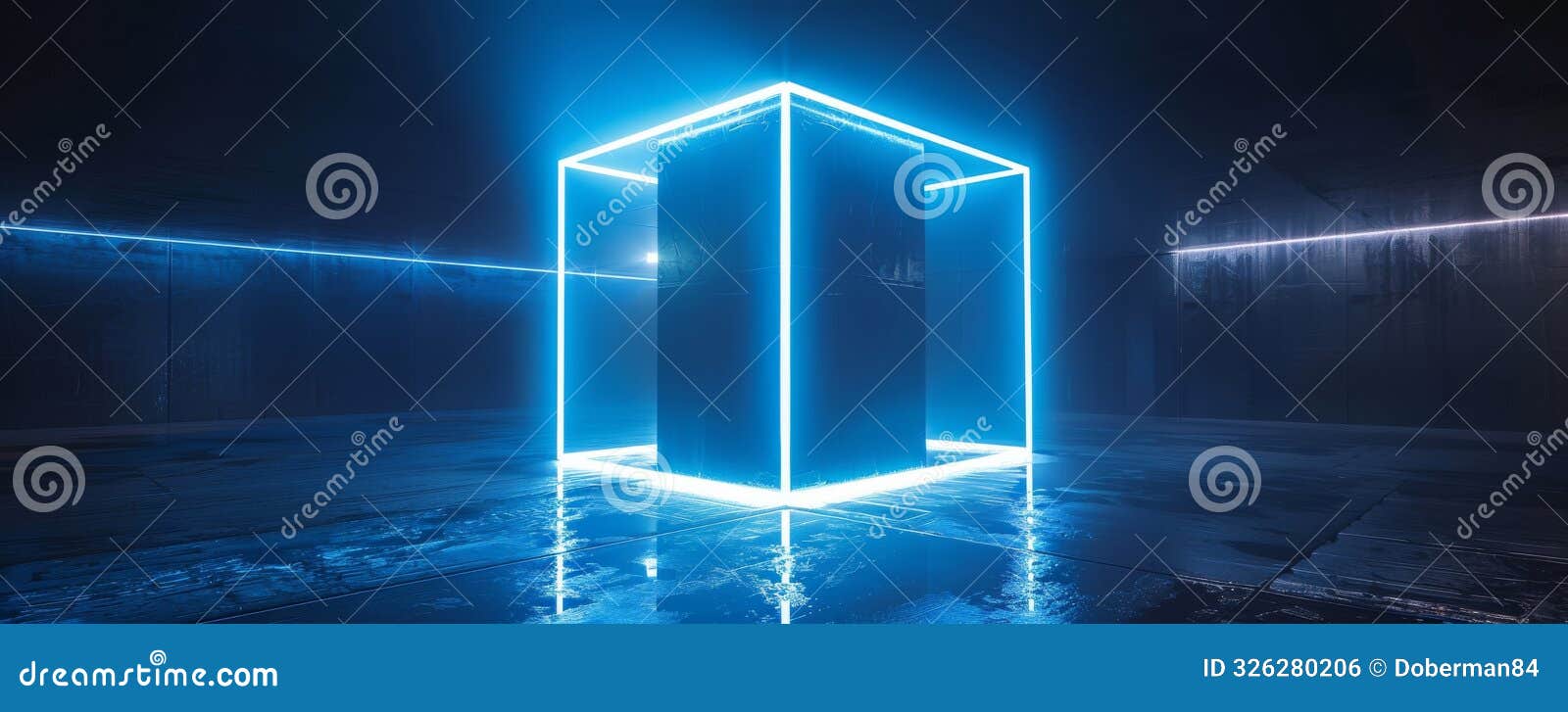 Futuristic Blue Neon Light in Dark Reflective Room with Open Cube Stock ...