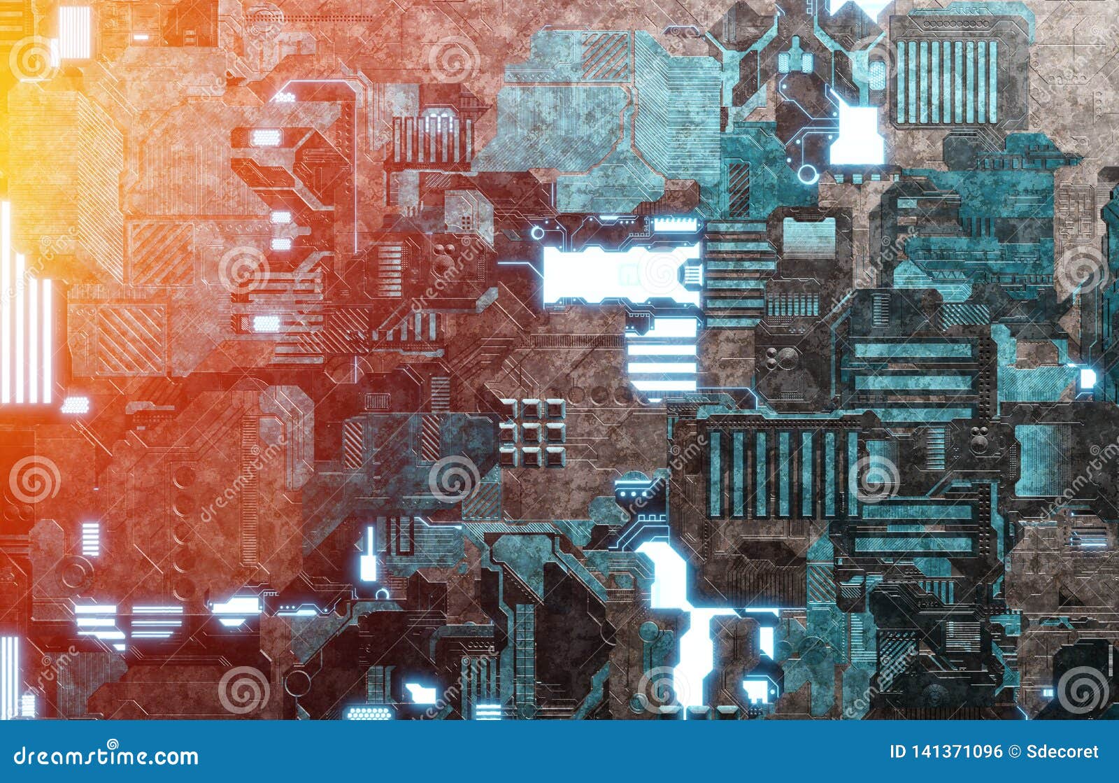 Futuristic Blue and Orange Tech Panel Background with Lots of Details Stock Illustration ...