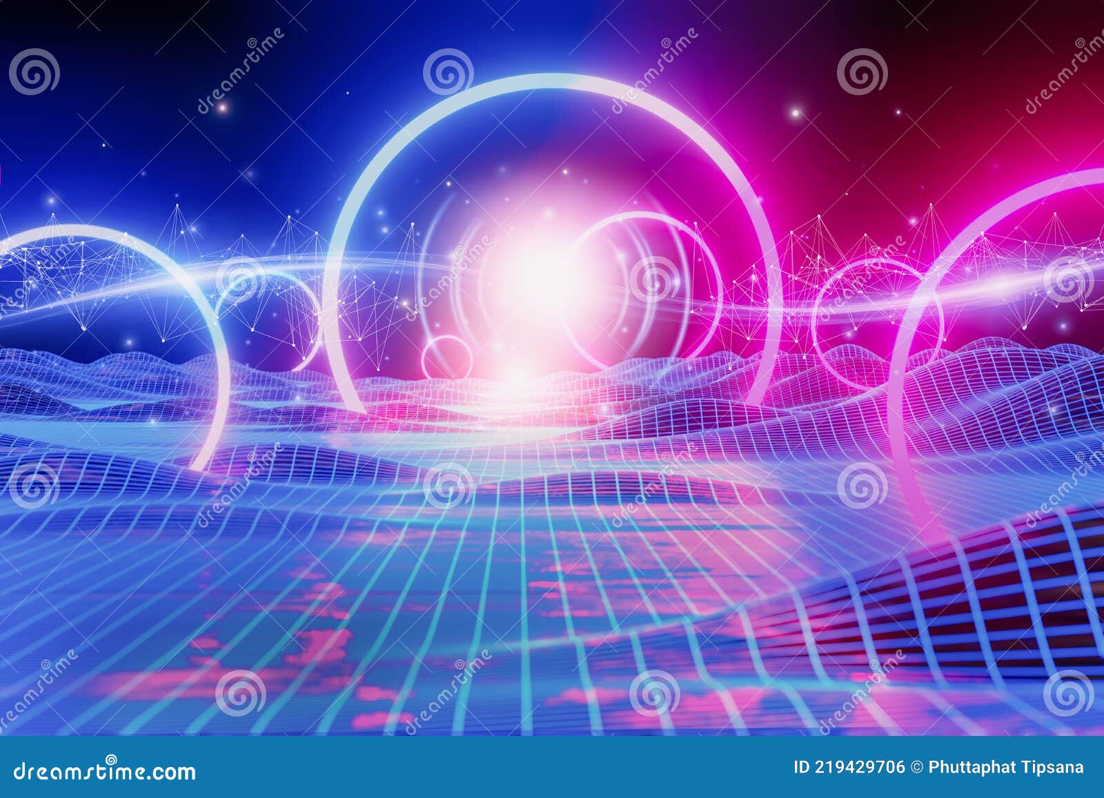 Futuristic Blue Purple Neon Circle Frame,wireframe Wave Landscape ...