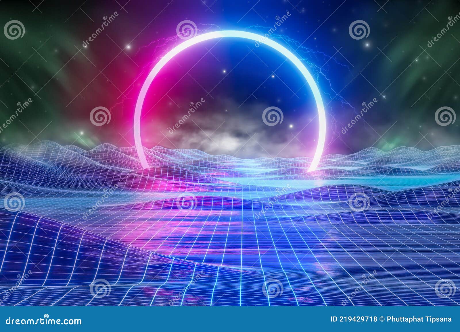 Futuristic Blue Purple Neon Circle Frame,wireframe Wave Landscape ...