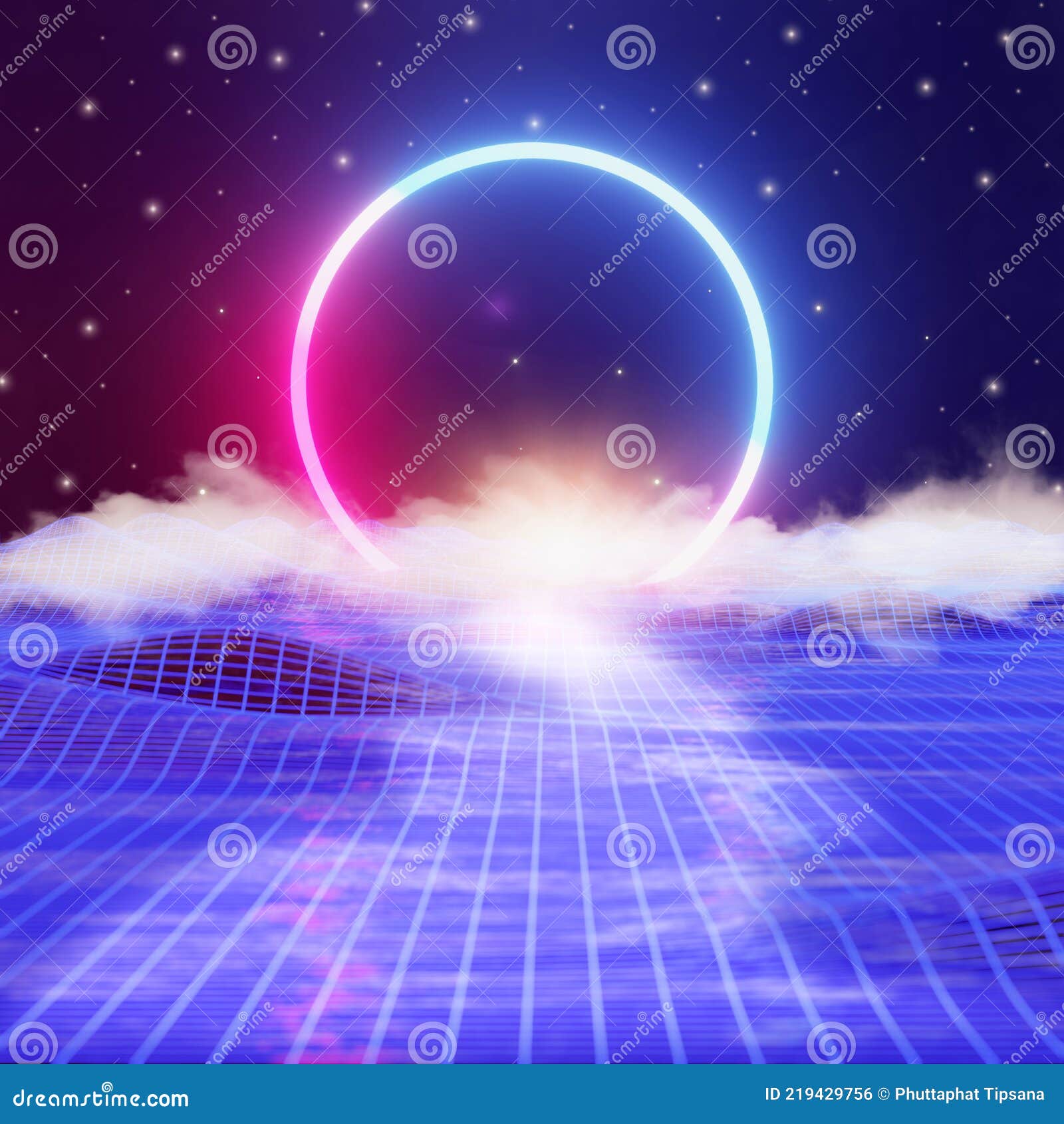 Futuristic Blue Purple Neon Circle Frame,wireframe Wave Landscape ...