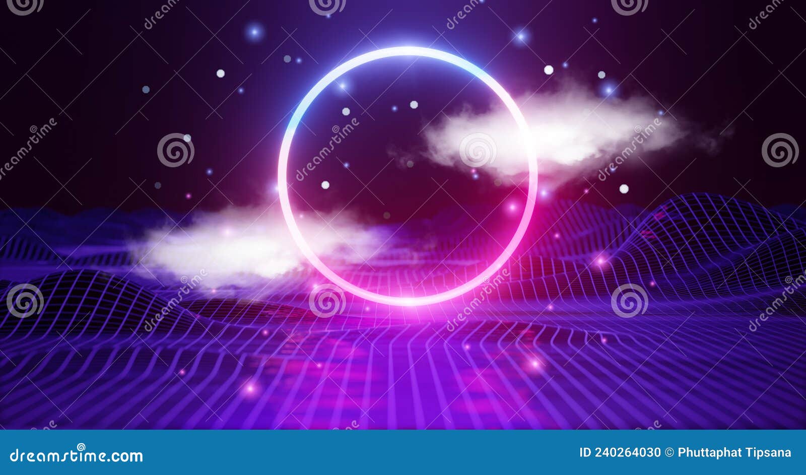 Futuristic Blue Purple Neon Circle Frame,wireframe Wave Landscape ...