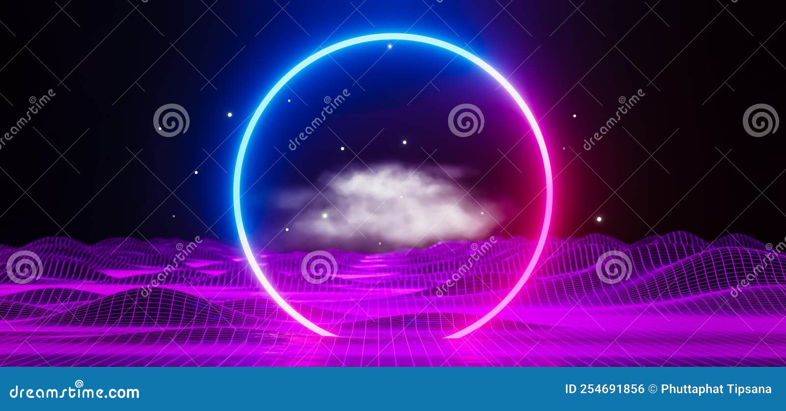 Futuristic Blue Purple Neon Circle Frame,wireframe Wave Landscape ...