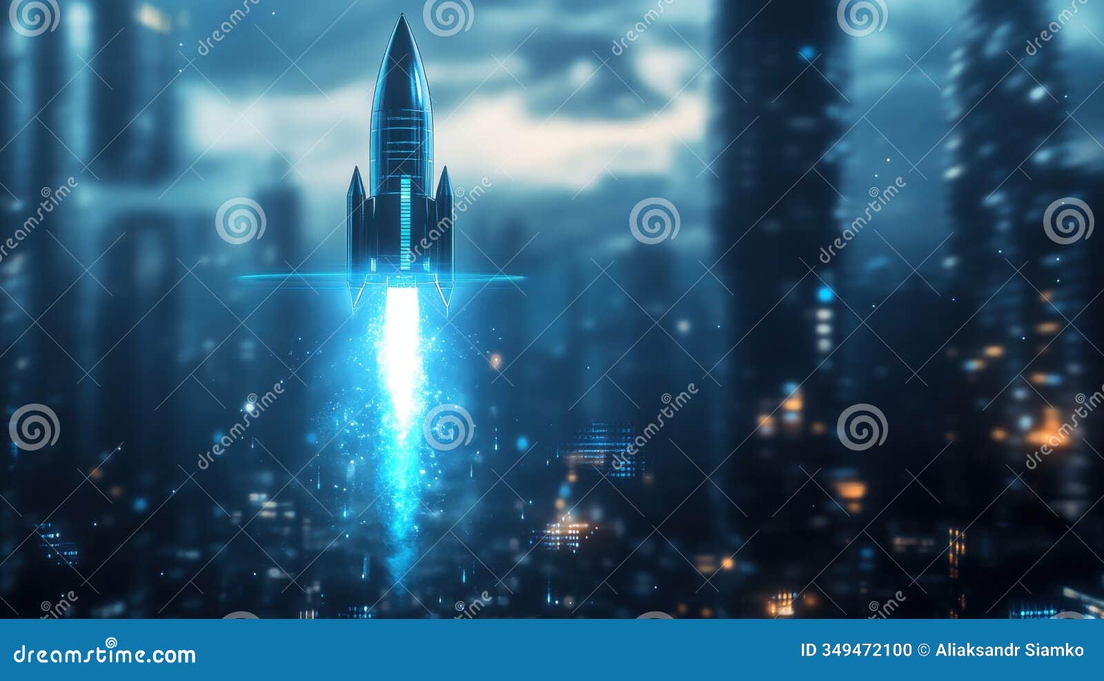 Futuristic Blue Rocket Launching with Financial and Tech Growth Visuals ...