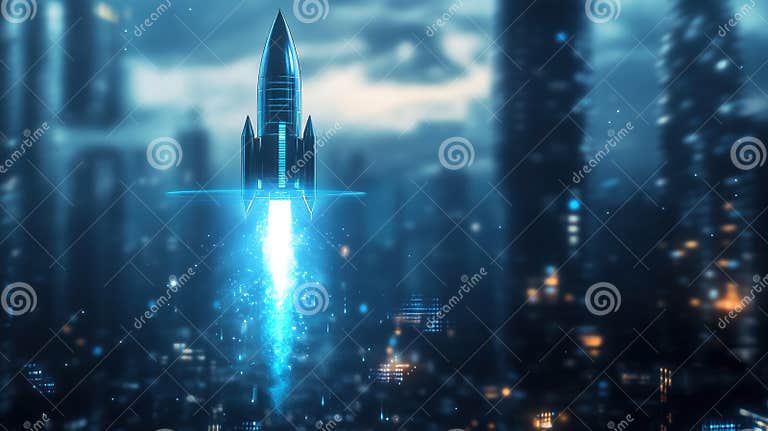 Futuristic Blue Rocket Launching with Financial and Tech Growth Visuals ...