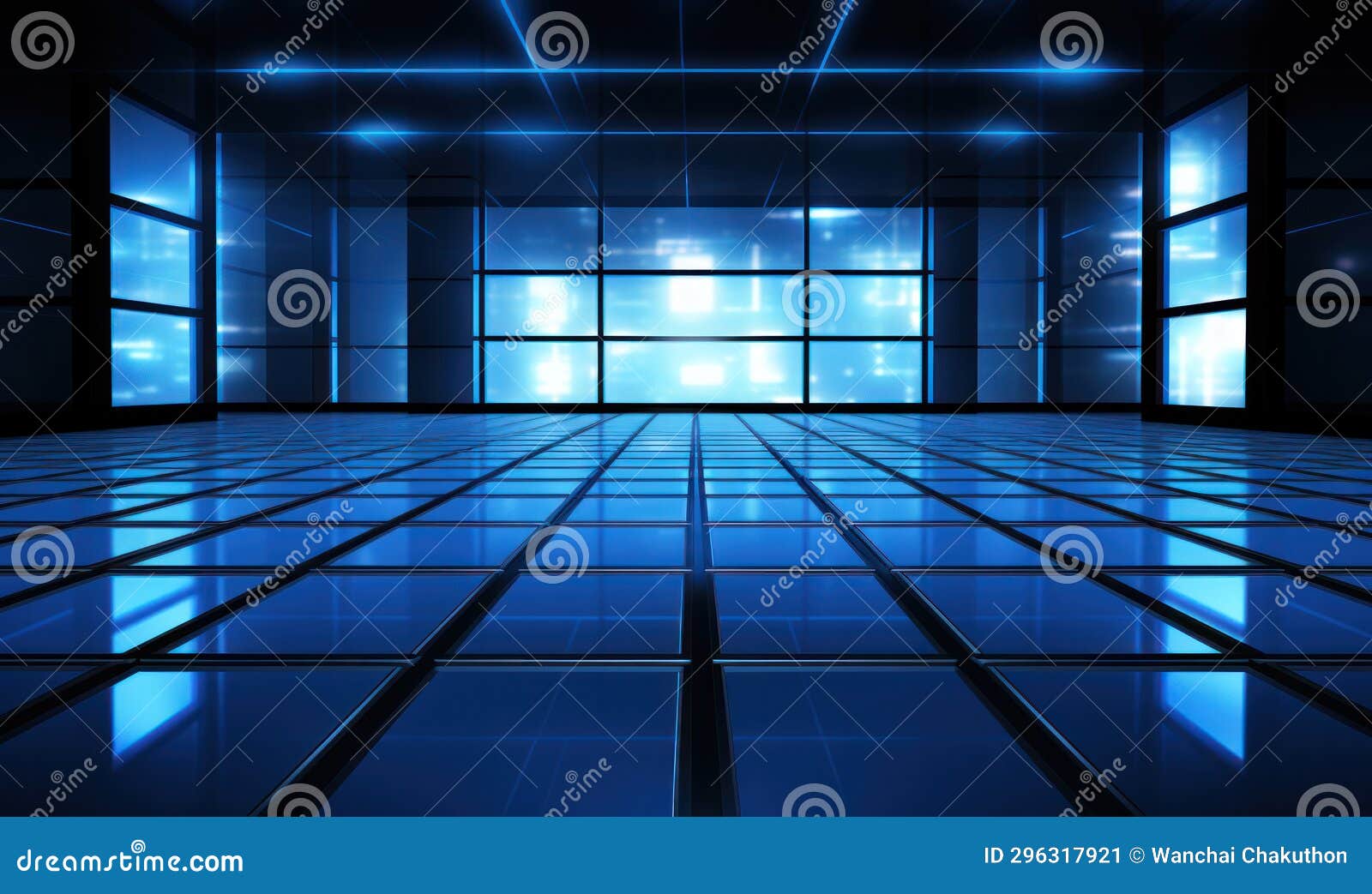 Futuristic Blue Room with Windows and Floor Tiles. Stock Illustration ...