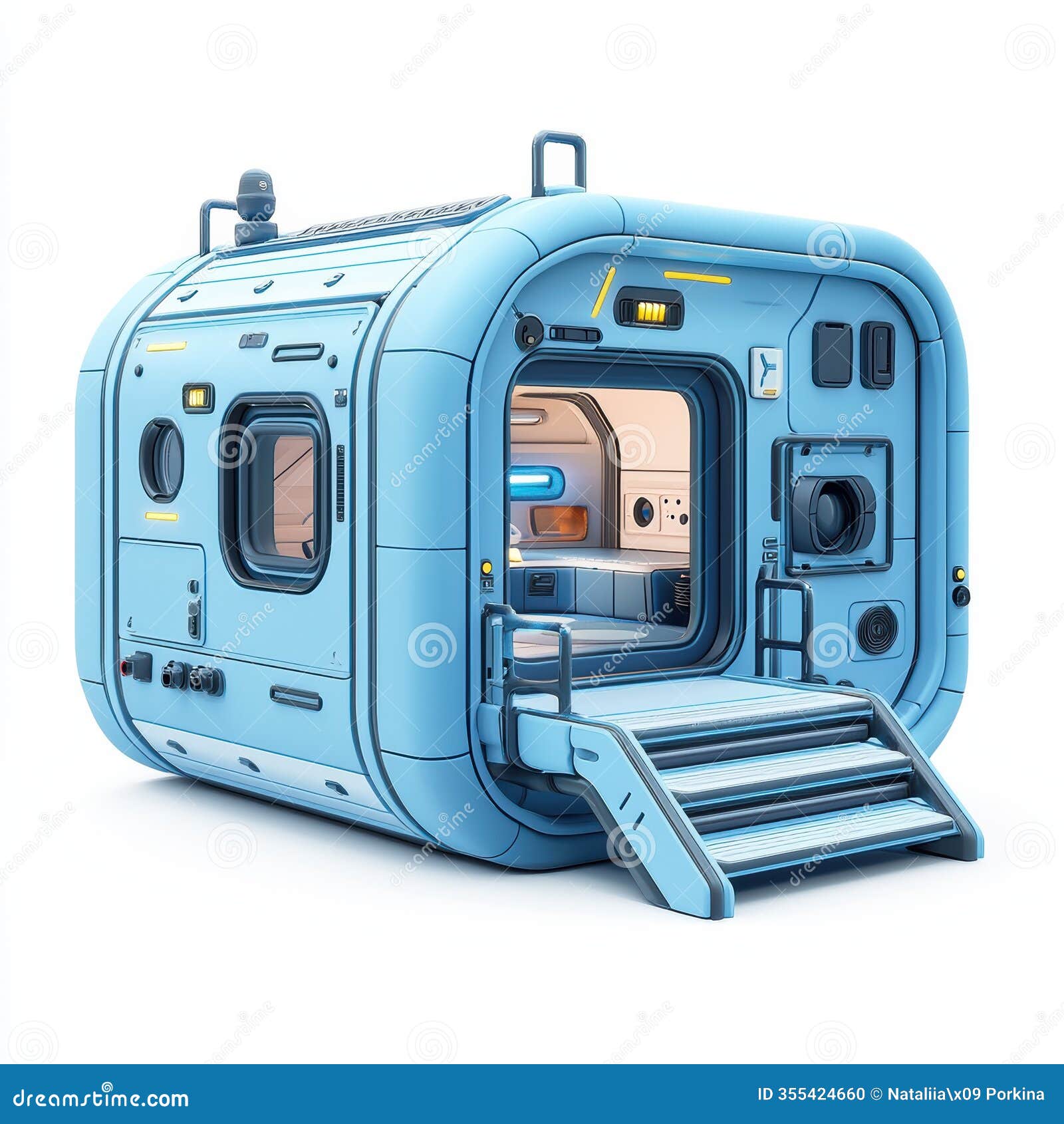 Futuristic Blue Space Module with Open Doorway and Solar Panel Roof ...