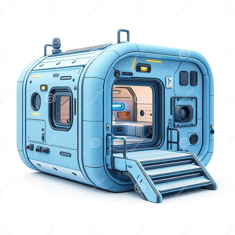 Futuristic Blue Space Module with Open Doorway and Solar Panel Roof ...
