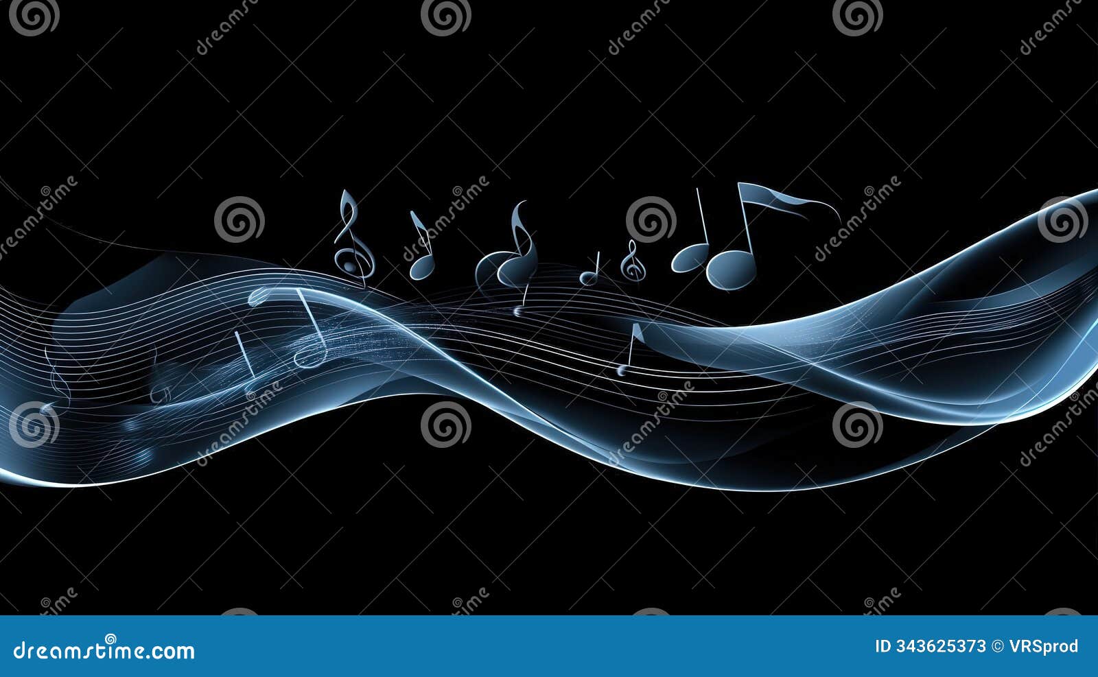 Futuristic Blue Wave and Floating Musical Notes on Black Background ...