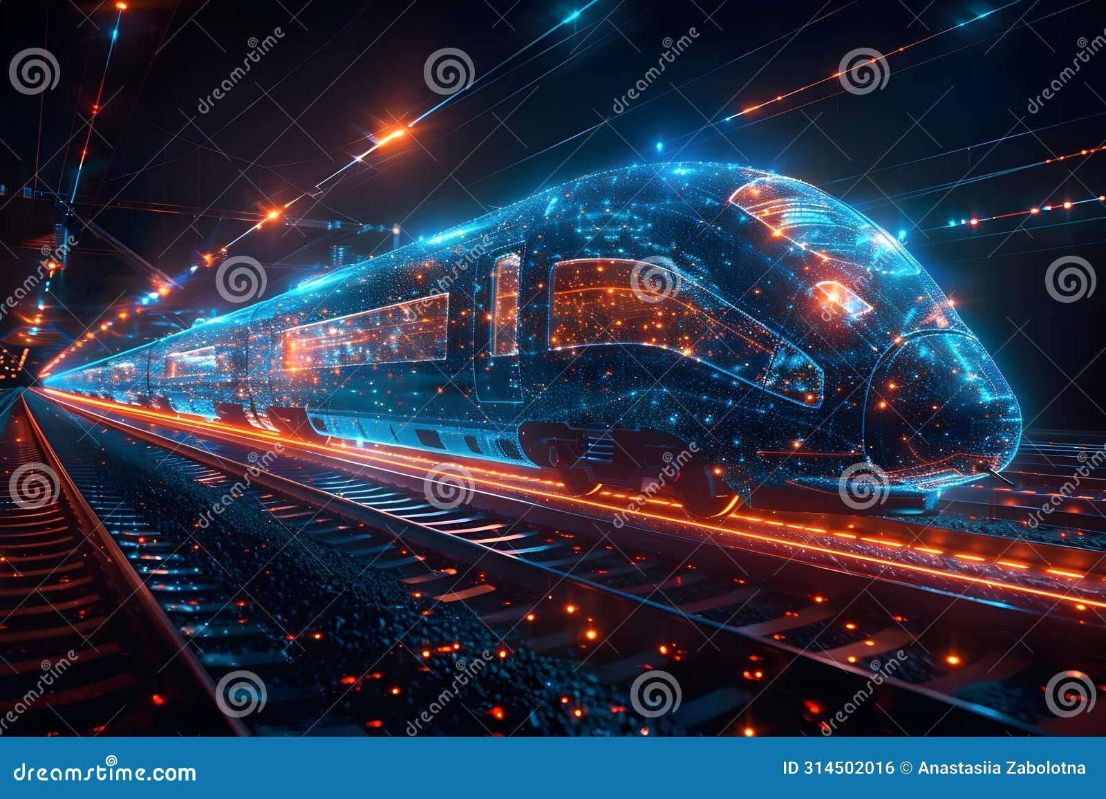 Futuristic Blue Wireframe Train in Motion. Concept Transportation ...