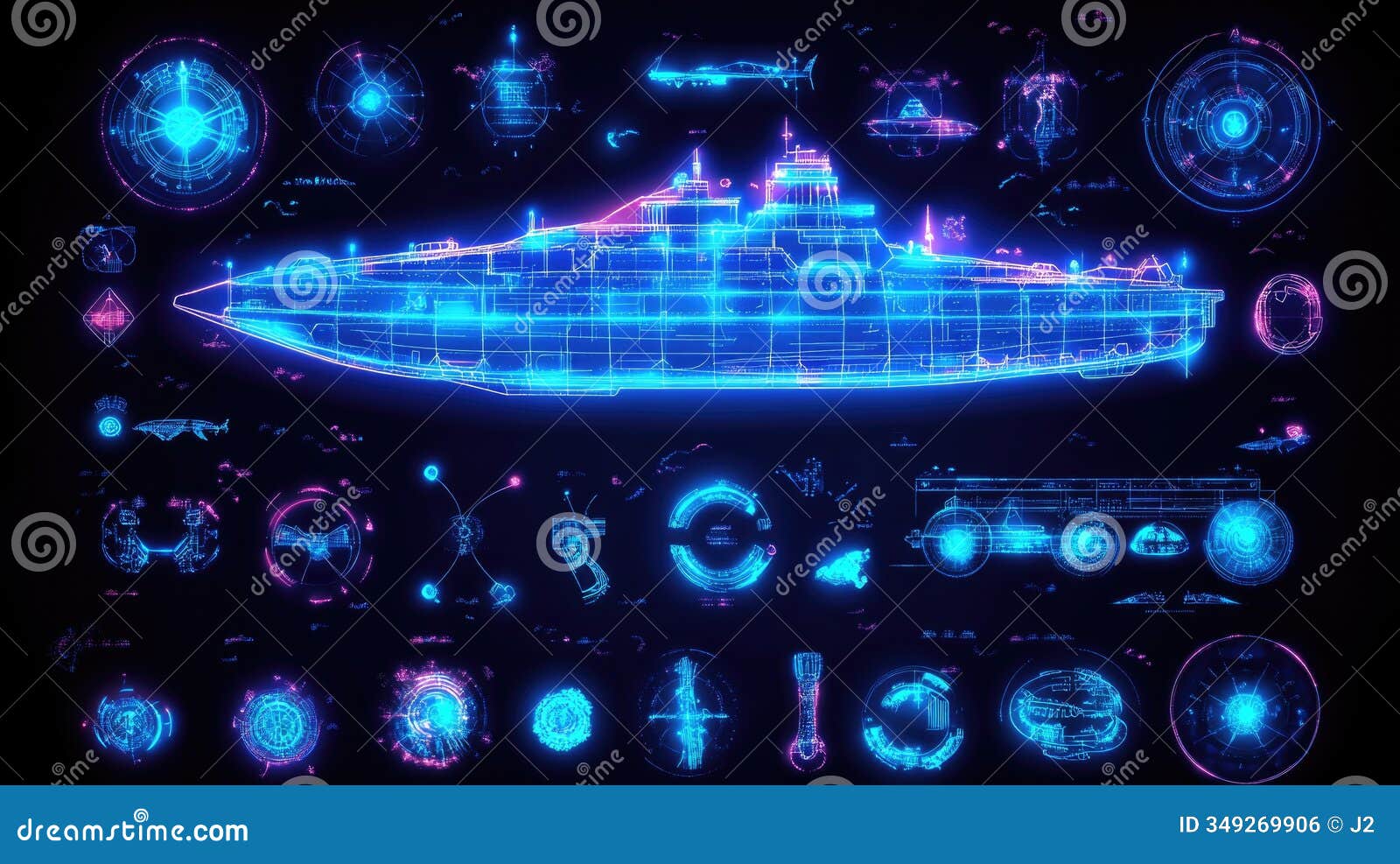 Futuristic Blueprint of High-tech Submarine with Technical Interface ...