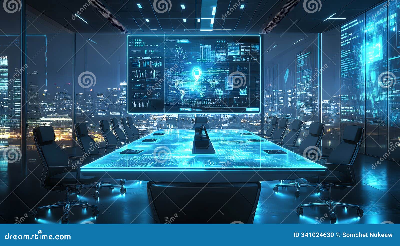 Futuristic Boardroom With Digital Display Showing Data And A City