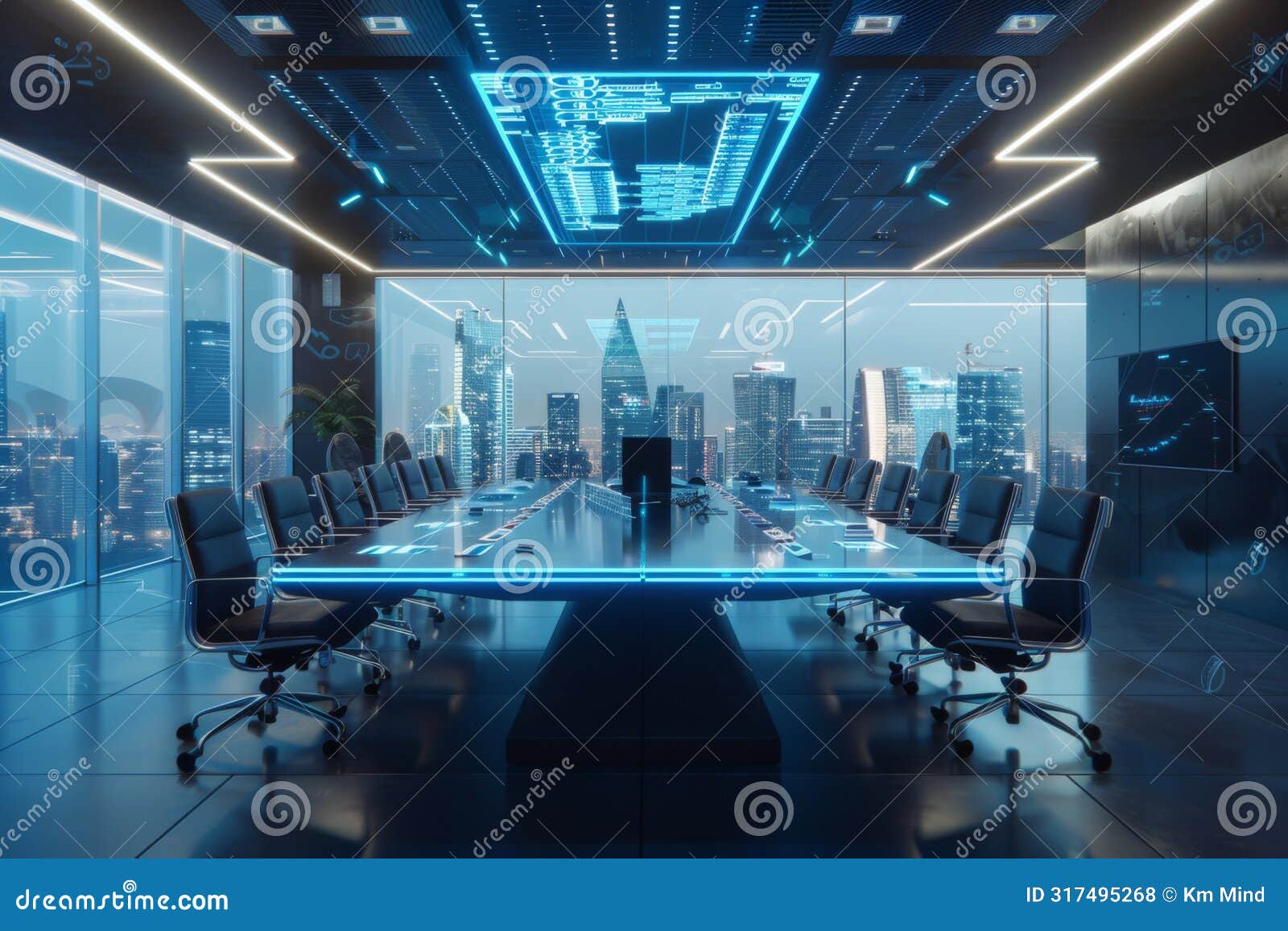 A Futuristic Boardroom Setting With A Team Of Exeives Huddled Around A ...