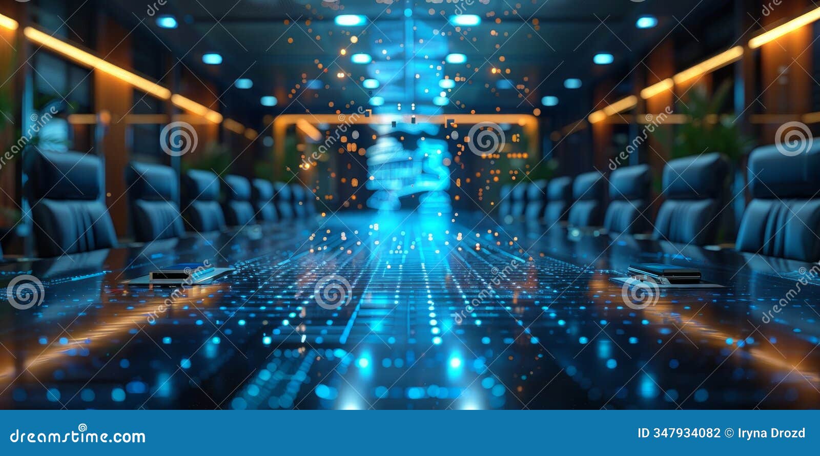 Futuristic Boardroom with a Glowing Holographic Display and High-tech ...