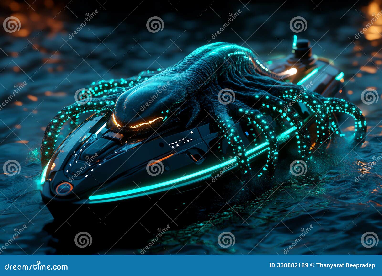 Futuristic Boat Design Featuring a Bioluminescent Octopus, Blending ...