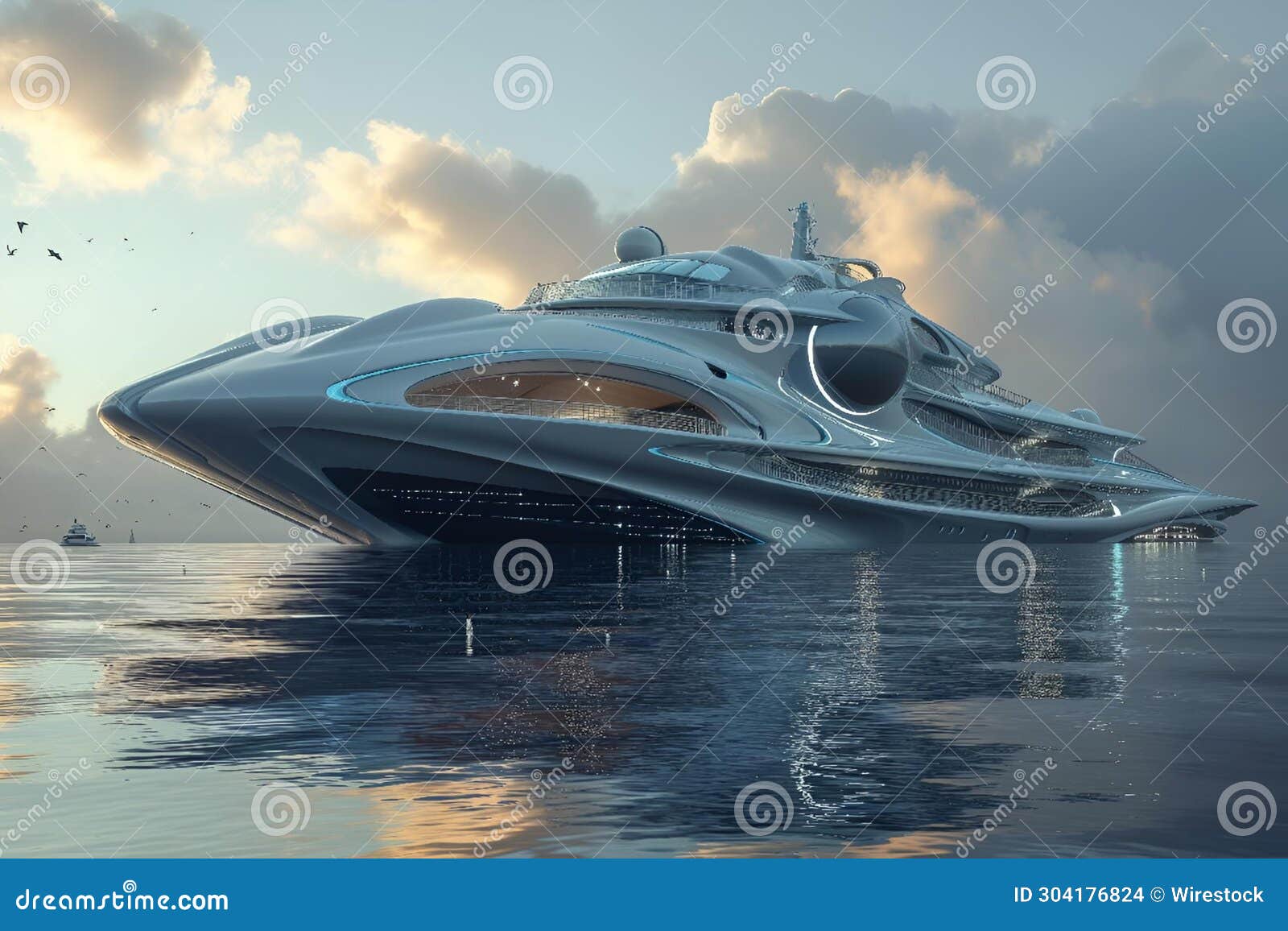 Futuristic Boat Sailing Above the Ocean with Birds, AI-generated. Stock ...