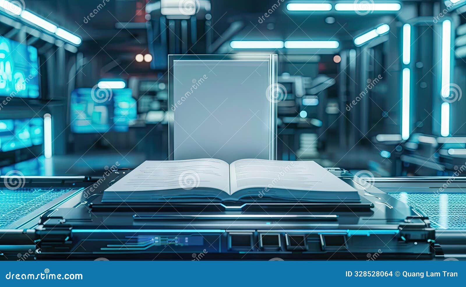 A Futuristic Book Mockup Positioned on a High-tech Console in a Virtual ...