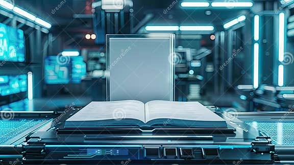 A Futuristic Book Mockup Positioned on a High-tech Console in a Virtual ...