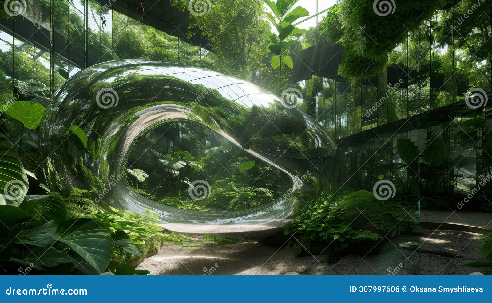 Futuristic Botanical Dome with Lush Foliage in Reflective Glass ...