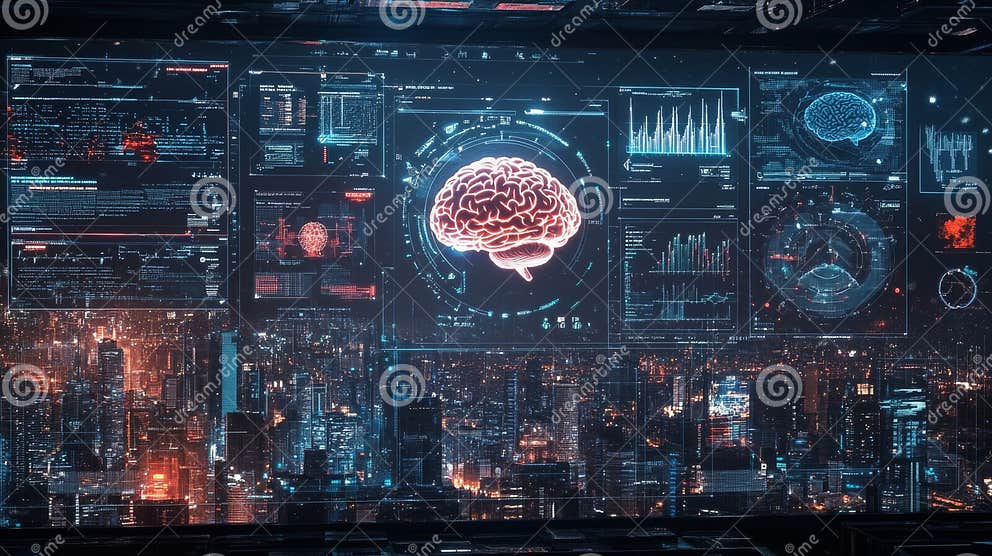 Futuristic Brain Interface in Urban Tech Hub Stock Photo - Image of ...