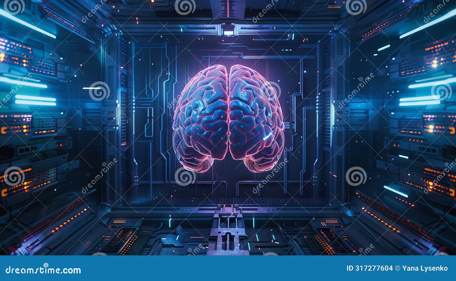 Futuristic Brain in Neon Colors. Glowing Brain in Intricate Network ...