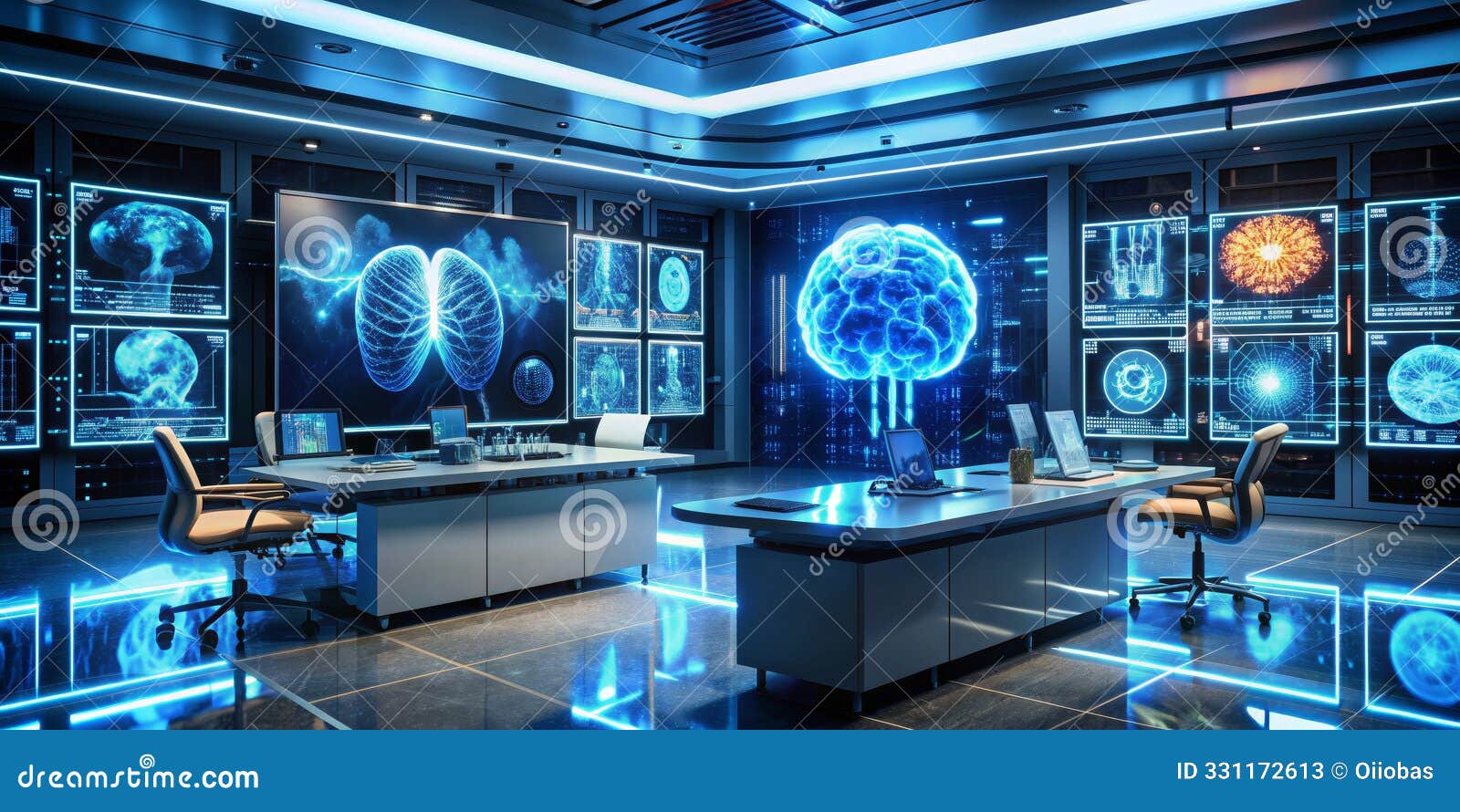 Futuristic Brain Scan Lab with Glowing Screens and Monitors 3D ...