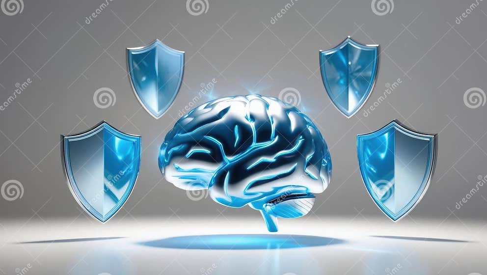 Futuristic Brain Surrounded by Protective Shields, Symbolizing Security ...