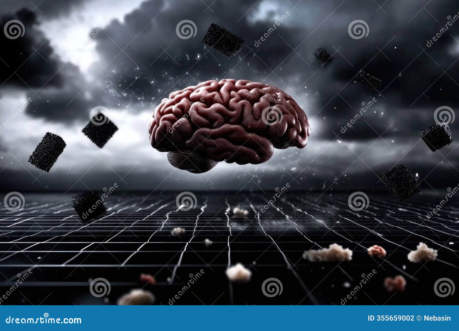 Futuristic Brain in Virtual Reality Space with Floating Cubes and ...