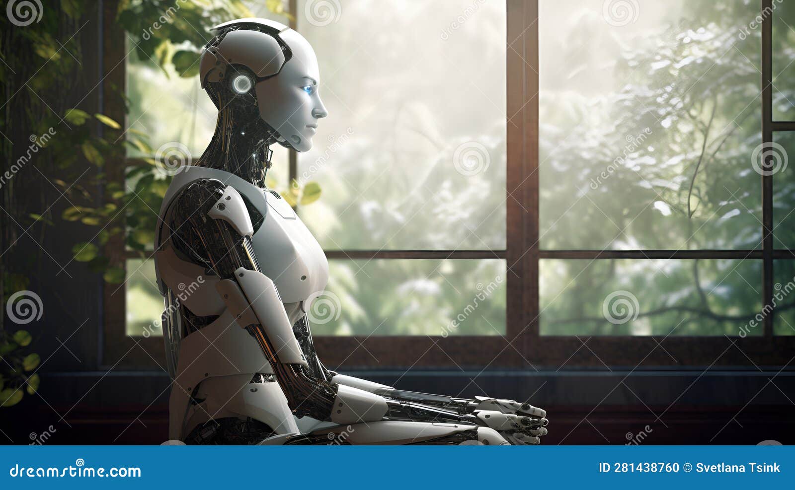 A Futuristic Brooding Humanoid Robot is Sitting in a Room by the Window ...