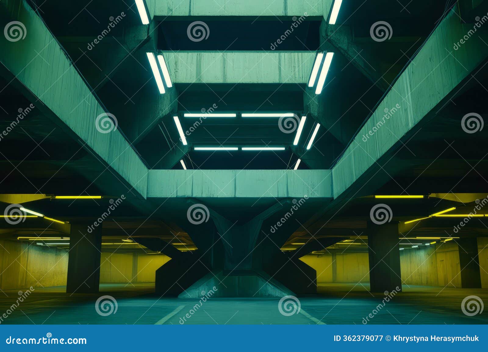 A Futuristic Brutalist Parking Garage with Vast Empty Levels, Cold ...