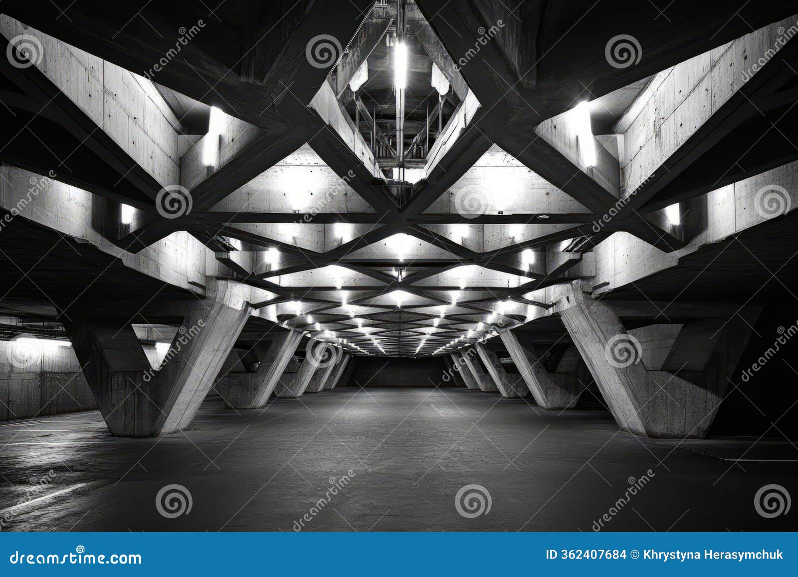 A Futuristic Brutalist Parking Garage with Vast Empty Levels, Cold ...