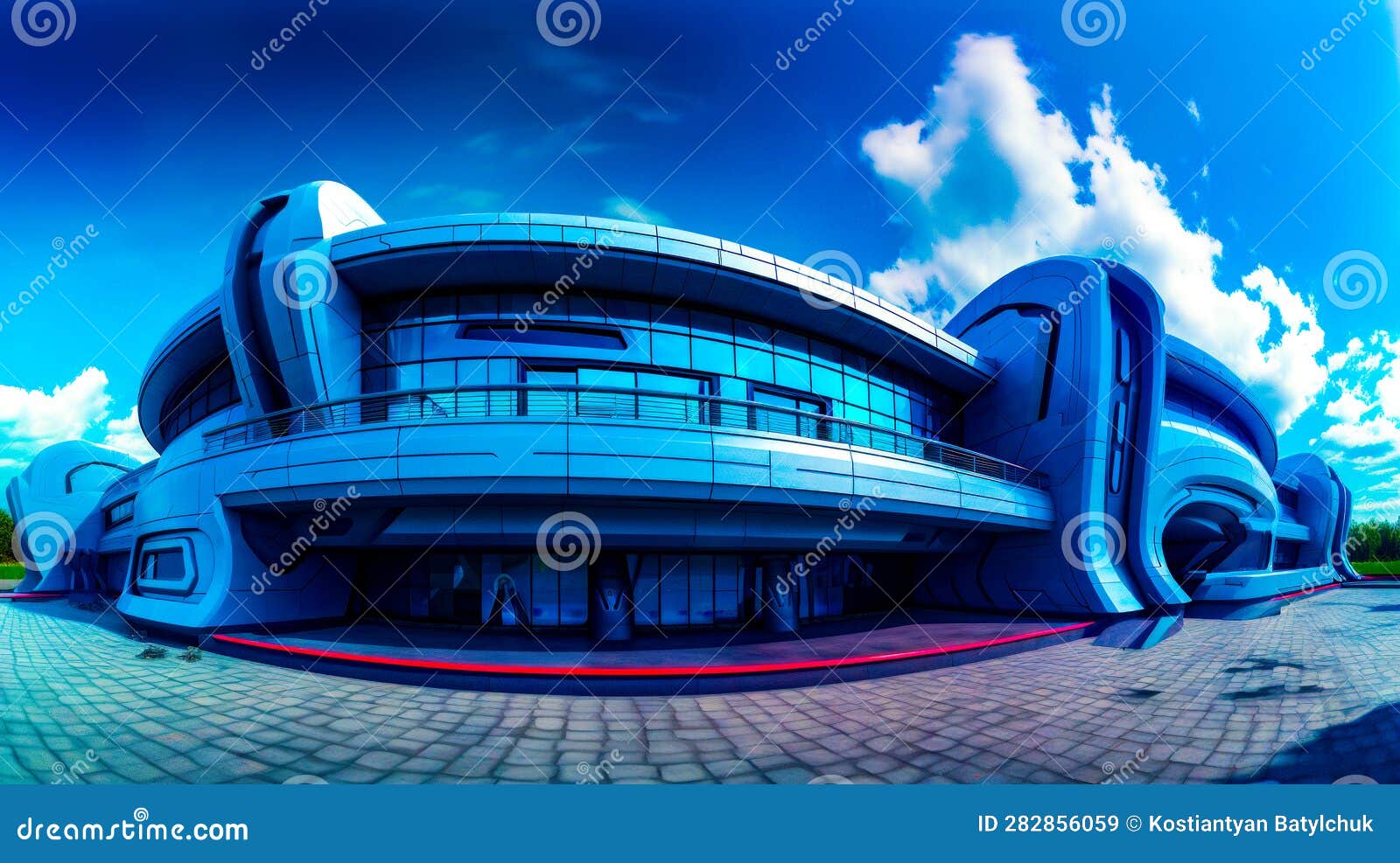 Futuristic Building with Blue Facade and Red Carpet on the Ground ...