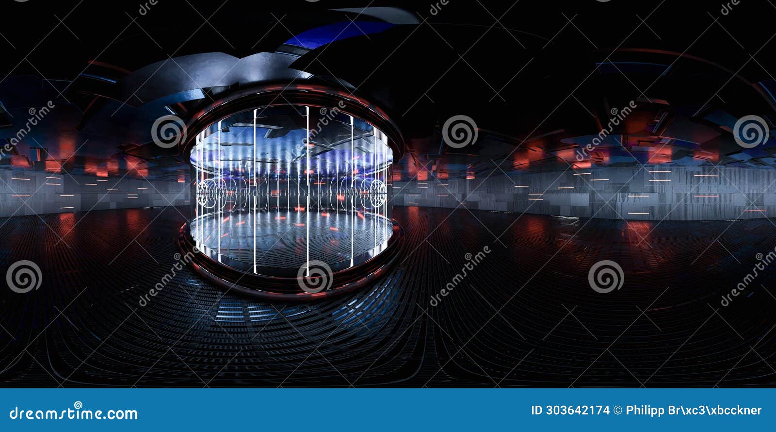 Futuristic Building Illuminated Dark Room with Round Lit Display 360 ...