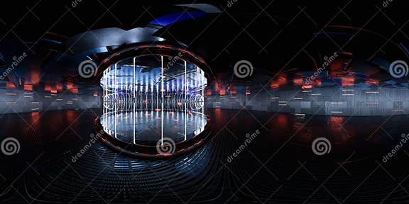 Futuristic Building Illuminated Dark Room with Round Lit Display 360 ...
