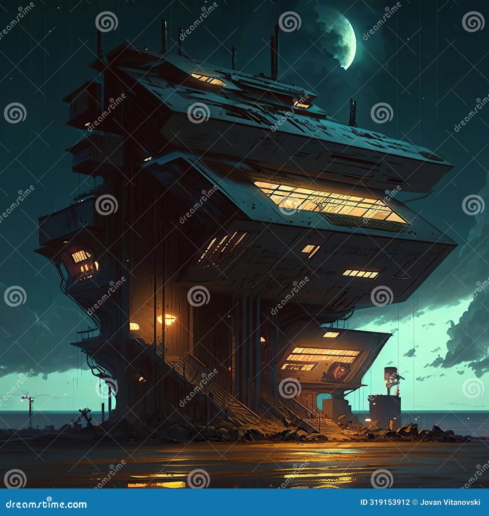 Futuristic Building Under the Moonlight at Night with Dramatic Clouds ...